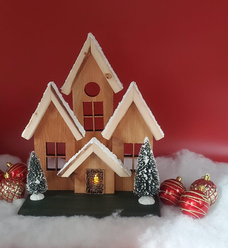 Handmade Wooden Christmas House With LED Light | Rustic Winter Village ...