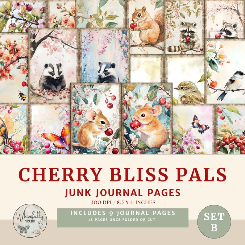Cherry Junk Journal Pages, Printable Ephemera Kit, Watercolor Animals ...