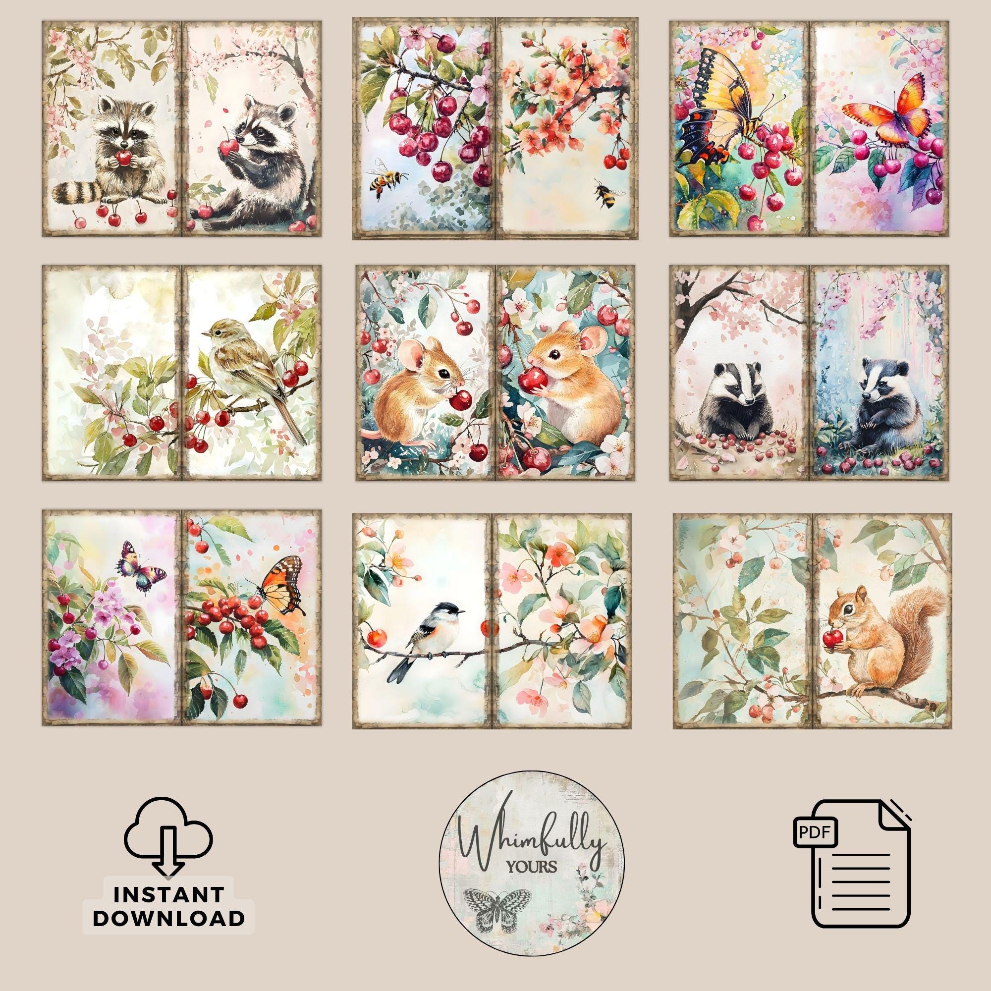Cherry Junk Journal Pages, Printable Ephemera Kit, Watercolor Animals ...