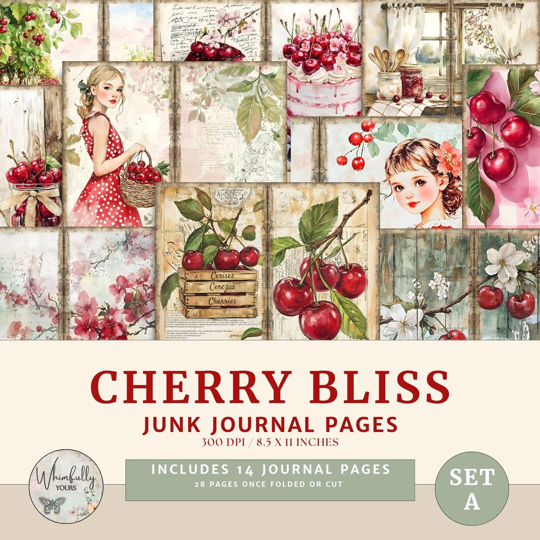 Cherry Junk Journal Pages, Printable Watercolor Ephemera, Vintage ...