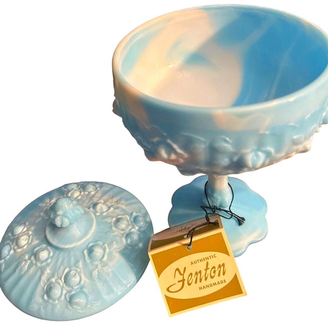 Vintage Fenton Blue Slag Glass Cabbage Rose Covered Compote - Etsy