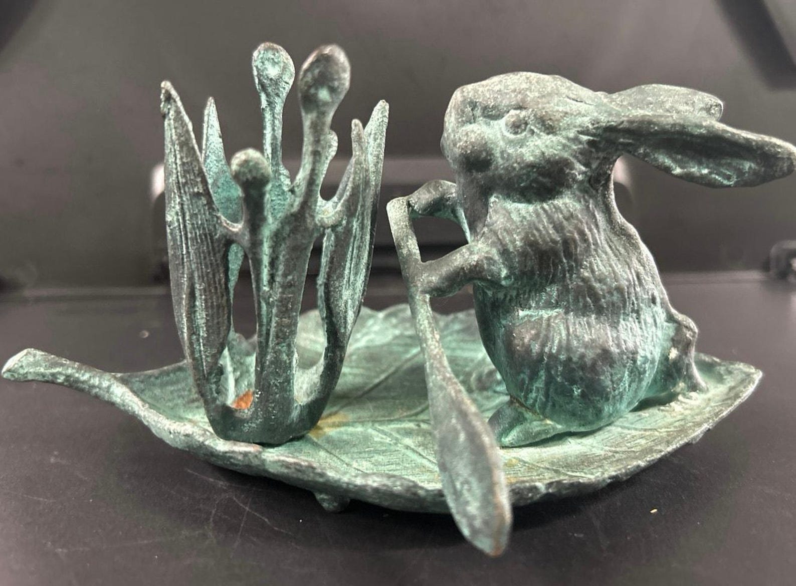 Andrea by Sadek Verdigris Brass Rowing Rabbit With Vase or Candle ...