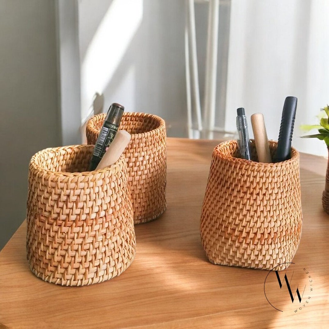 Organic Woven Rattan Desk Organiser, Natural Rattan Desk Tidy, Rustic ...