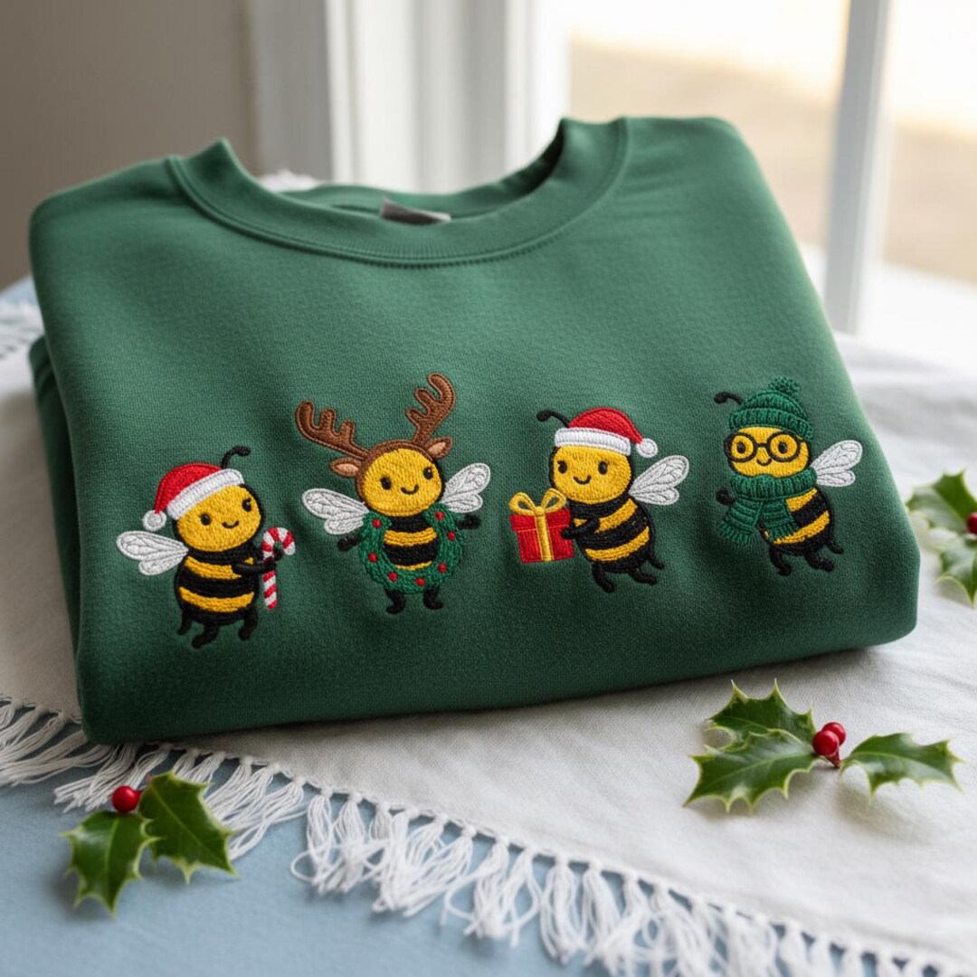 Embroidered Christmas Bee Sweatshirt, Holiday Bees Santa Candy Cane ...