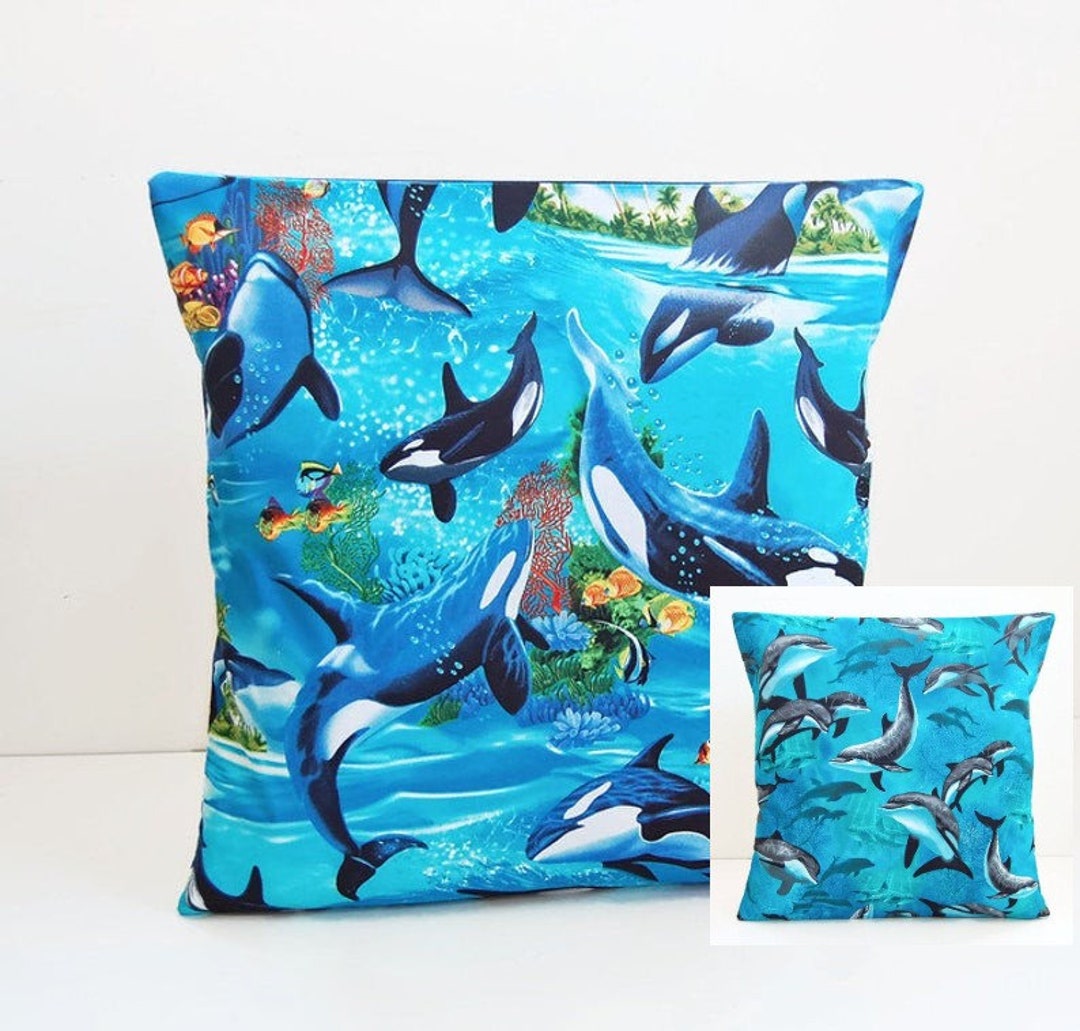 Dolphin Orca, Tropical Fish, Ocean Sea Life Cushion Cover, Blue Green ...