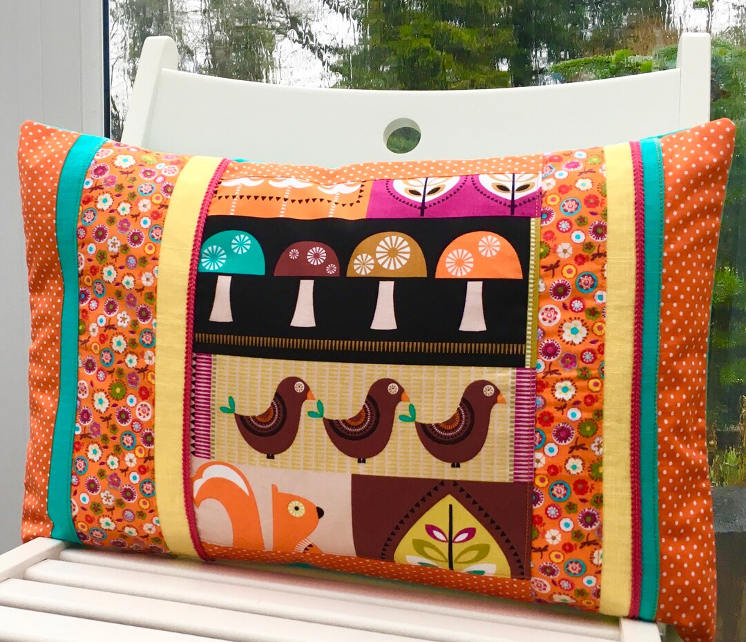 Quirky Patchwork Squirrel Cushion Cover, Linen Cushion Cover, Birds Trees Leaves Flowers Lumbar ...