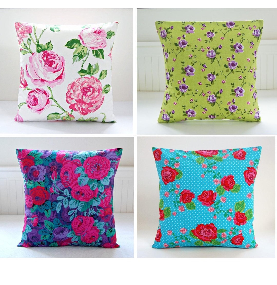 Vibrant Floral Rose Cushion Covers, Cerise Pink Roses, Green Leaves ...