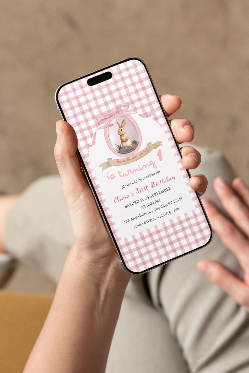 Editable Some Bunny is Turning One Birthday Invitation Pink Gingham 1st ...
