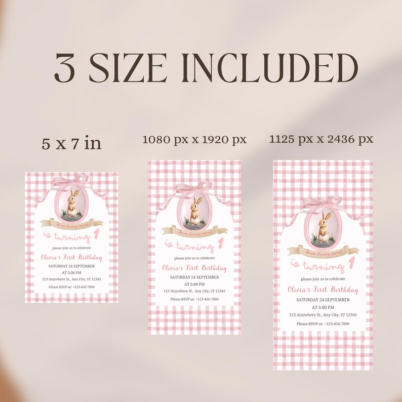 Editable Some Bunny is Turning One Birthday Invitation Pink Gingham 1st ...