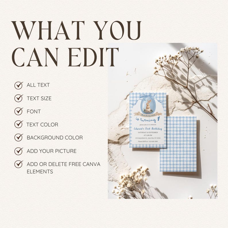 Editable Some Bunny is Turning One Birthday Invitation Blue Gingham 1st ...