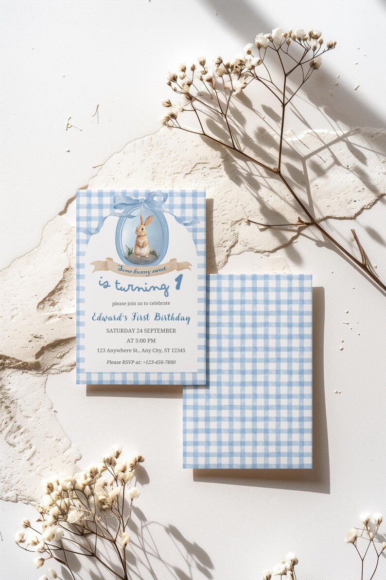 Editable Some Bunny is Turning One Birthday Invitation Blue Gingham 1st ...