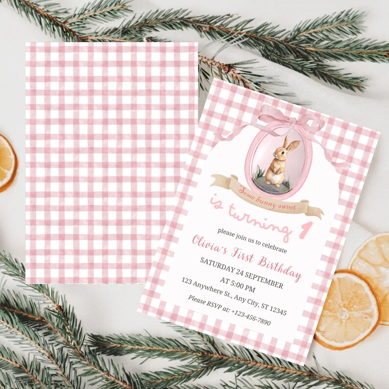 Editable Some Bunny is Turning One Birthday Invitation Pink Gingham 1st ...