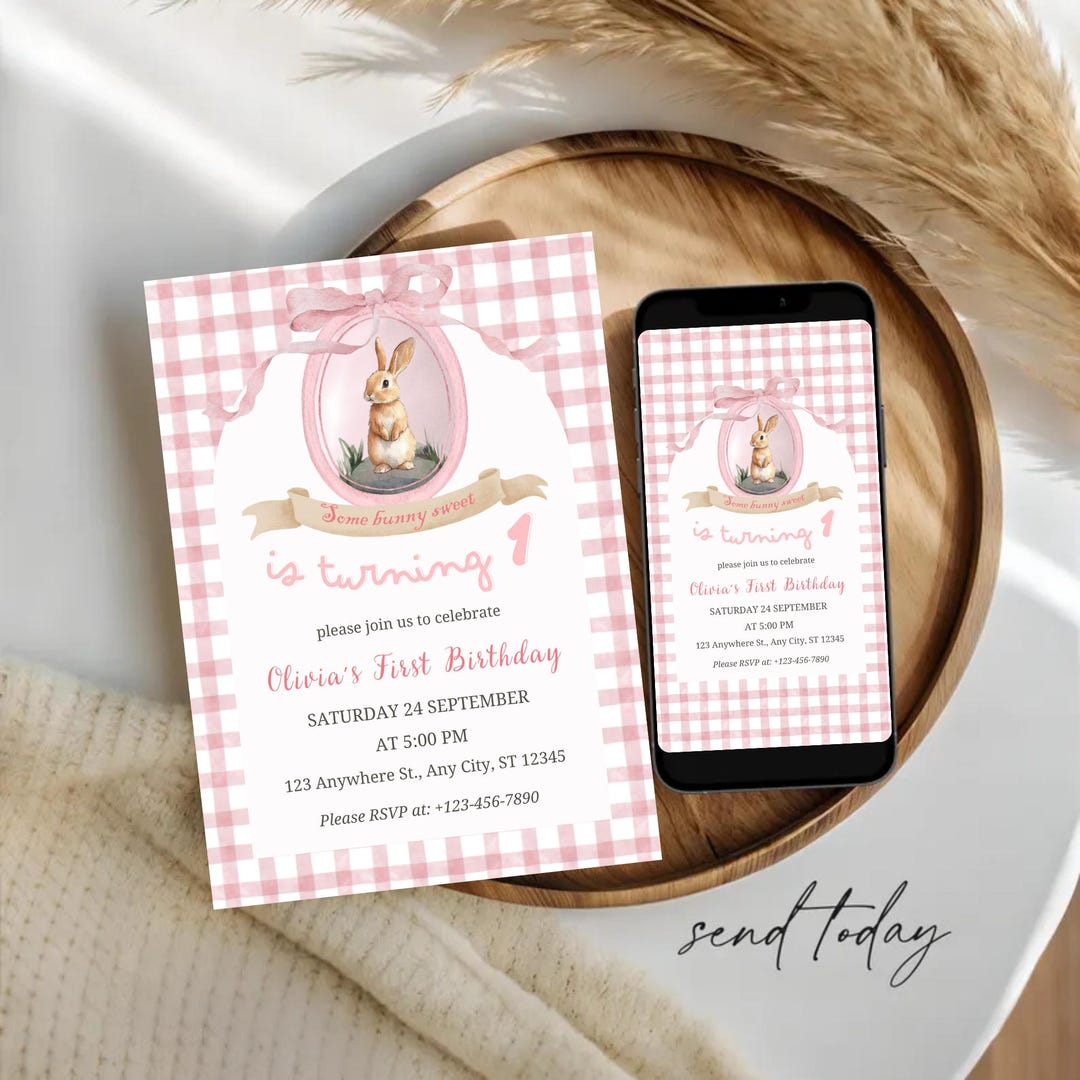 Editable Some Bunny is Turning One Birthday Invitation Pink Gingham 1st ...