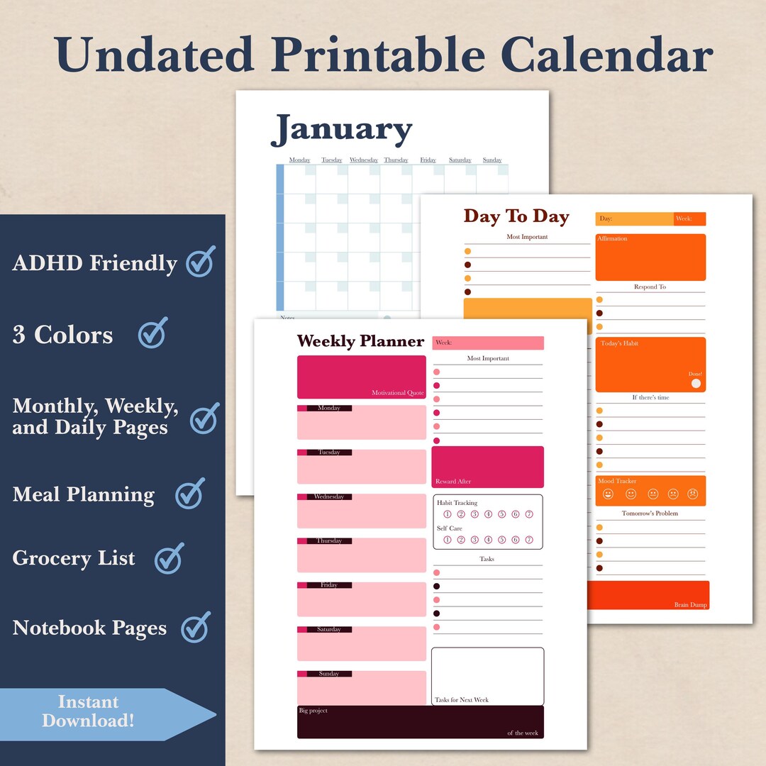 Printable ADHD Planner Undated Digital Monthly Weekly Daily ...