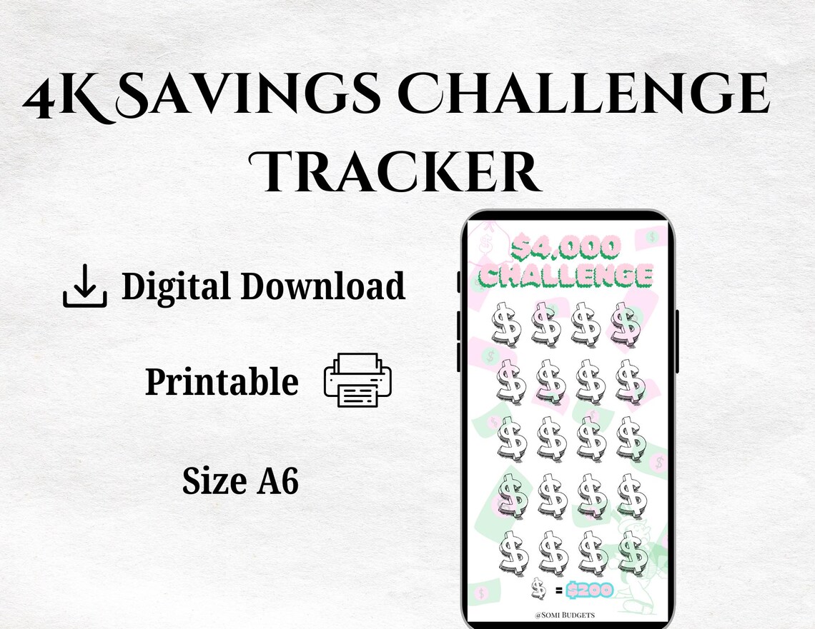 Printable 4k Savings Challenge | A6 | Digital Download - Etsy
