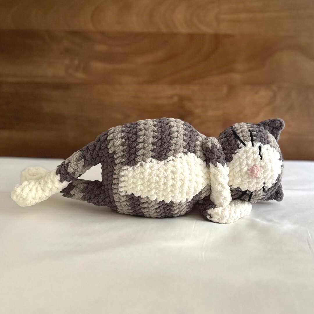Handmade Crochet Sleepy Tabby Cat – Plush Snoozy Grey Striped Kitty ...