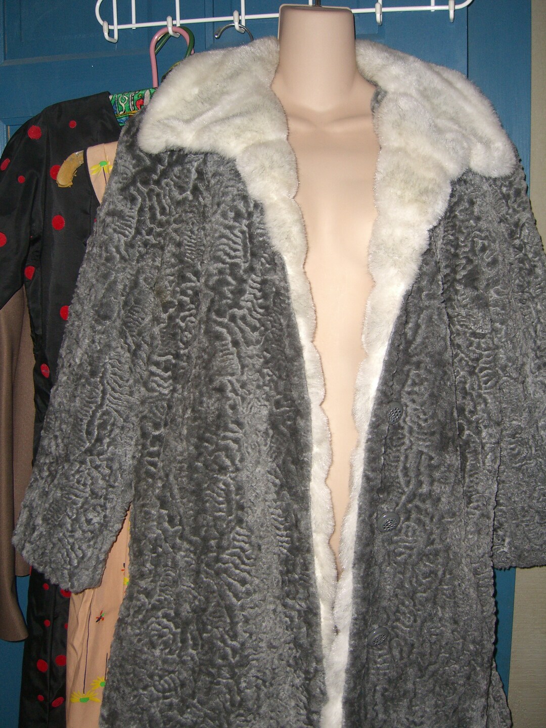 VLV SALE!!! Gray Faux Persian Lamb Coat White Flecked Faux Fur Collar ...