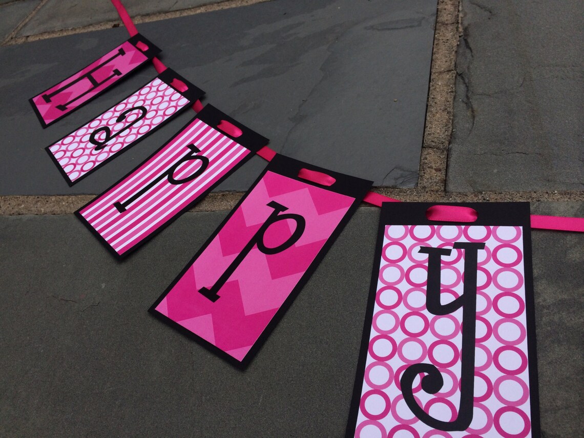 Happy Birthday Bright Pink/light Pink/white Chevron, Circle & Stripes ...