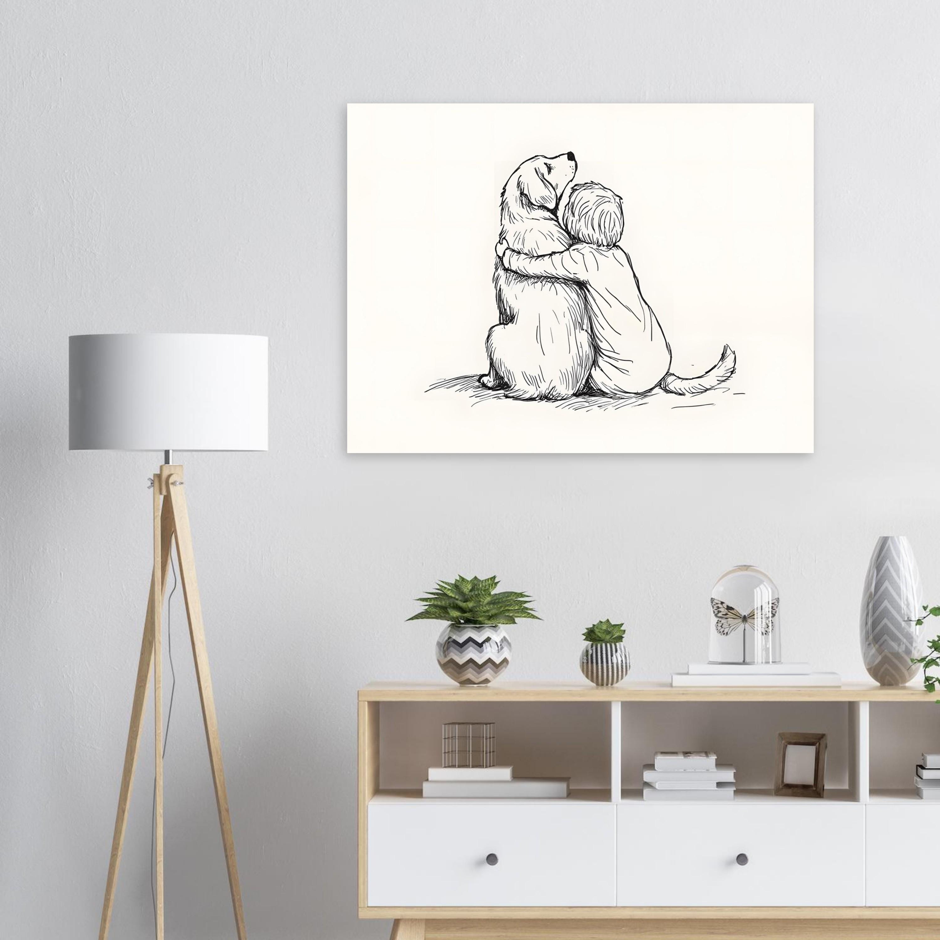 Heartwarming Child and Dog Hug, Printable Poster, Minimalist Line Art ...