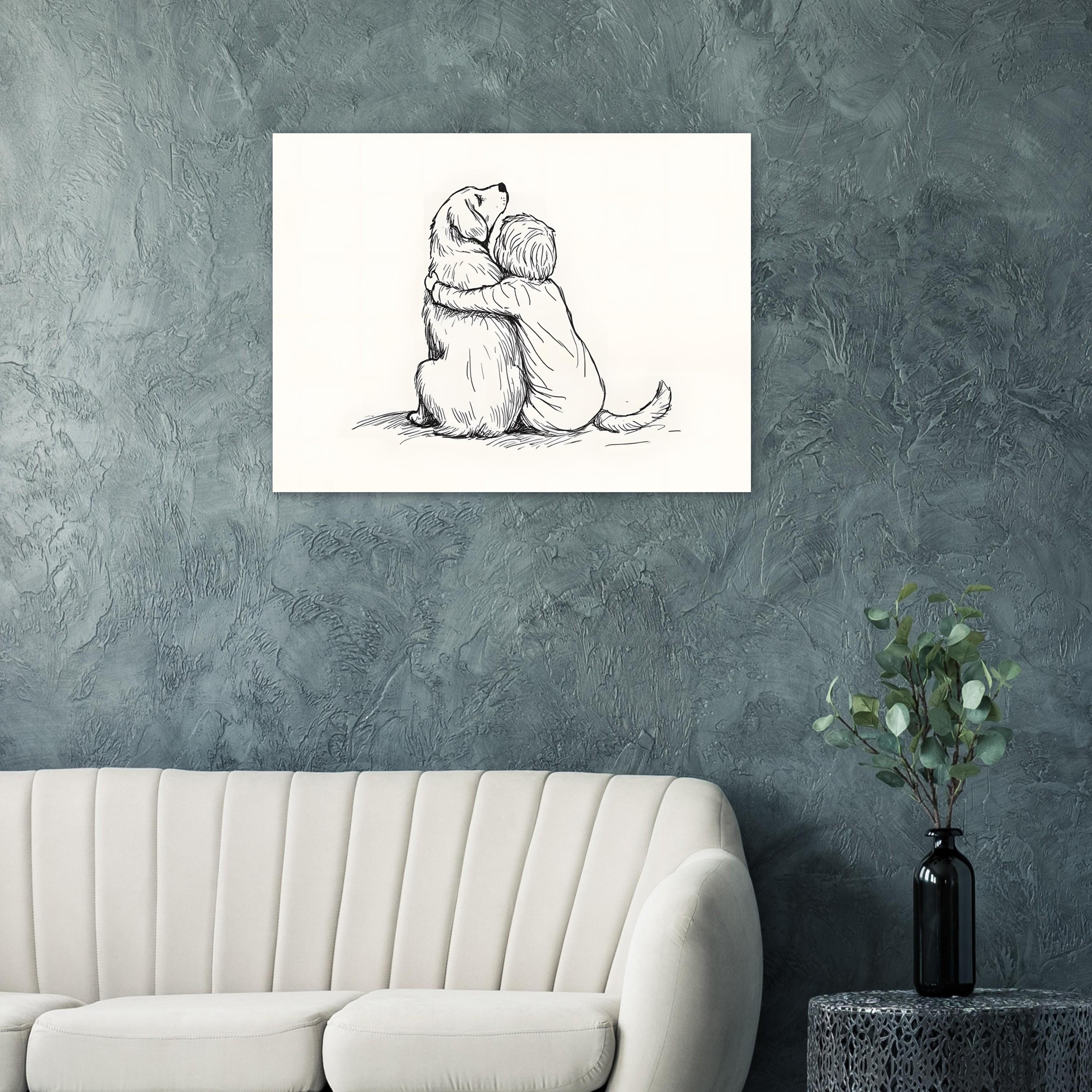Heartwarming Child and Dog Hug, Printable Poster, Minimalist Line Art ...