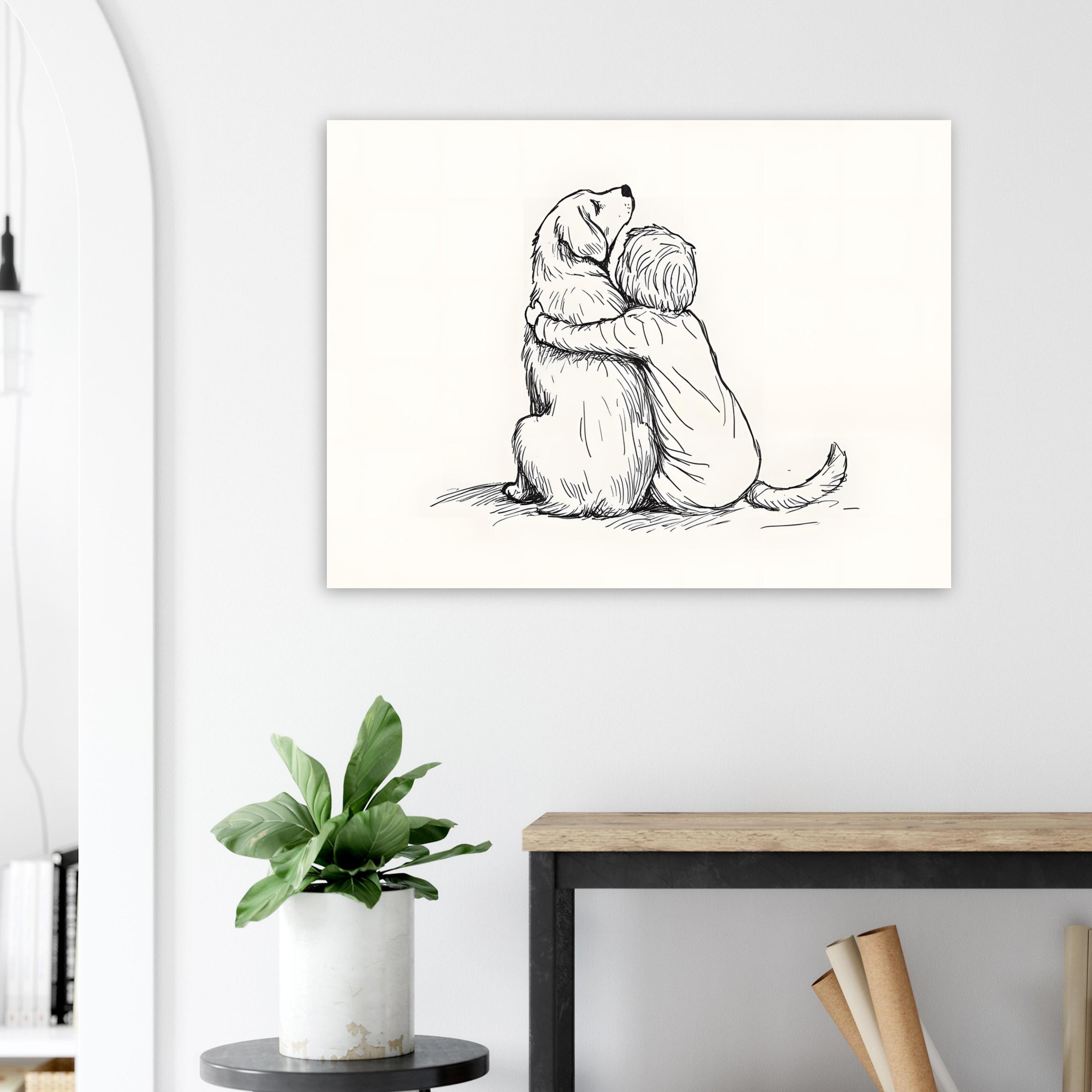 Heartwarming Child and Dog Hug, Printable Poster, Minimalist Line Art ...