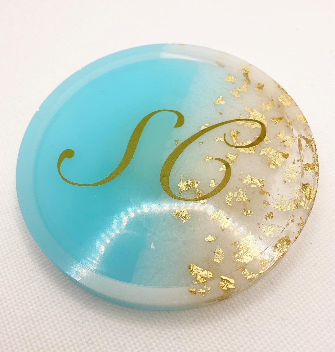 Personalized Sky Blue Gold Flakes Circle Coaster/ Jewewlry Tray/ Ring ...