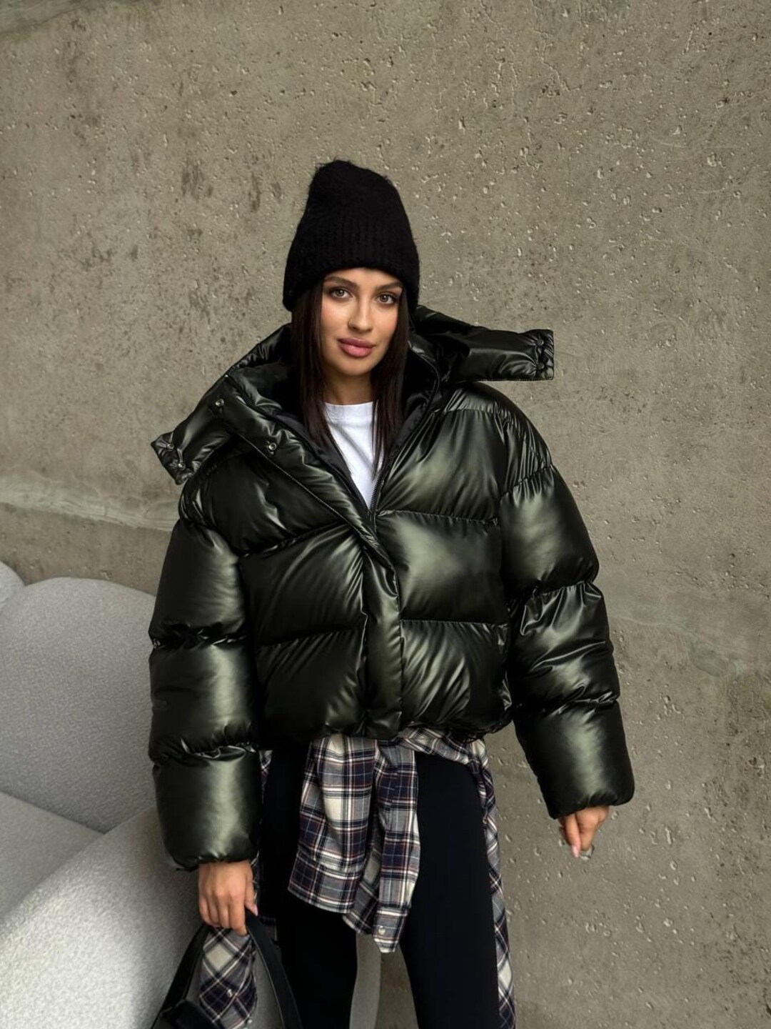 Oversized Black Puffer Coat, Detachable Hood, Silicone Fabric - Etsy