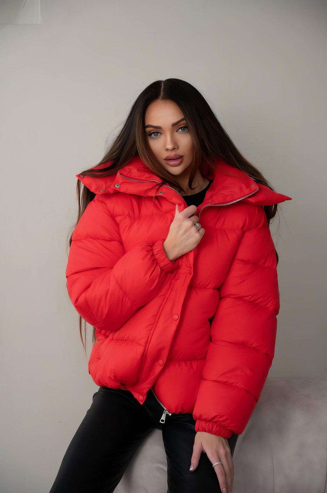 Oversize Red Puffer Coat, Waterproof Eco-puff Insulated Winter Midi ...