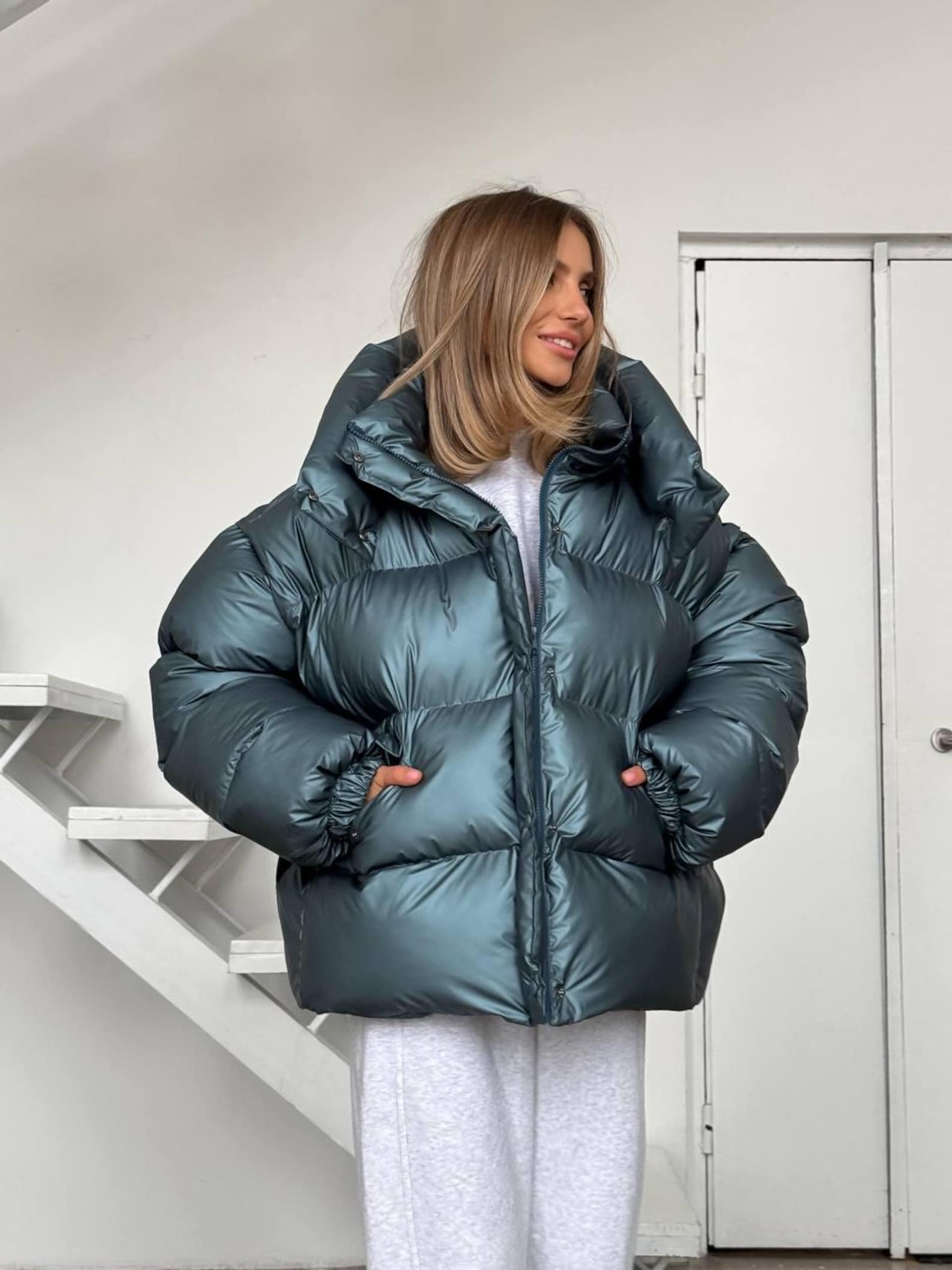 Blue Glossy Puffer Jacket, Boho, Long Coat, Winter Coat Women, Custom ...