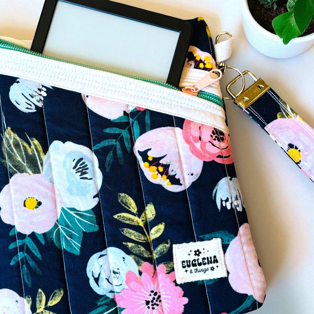 Navy Blue and Pink Floral - Handmade Quilted Ereader / Tablet Pouch ...