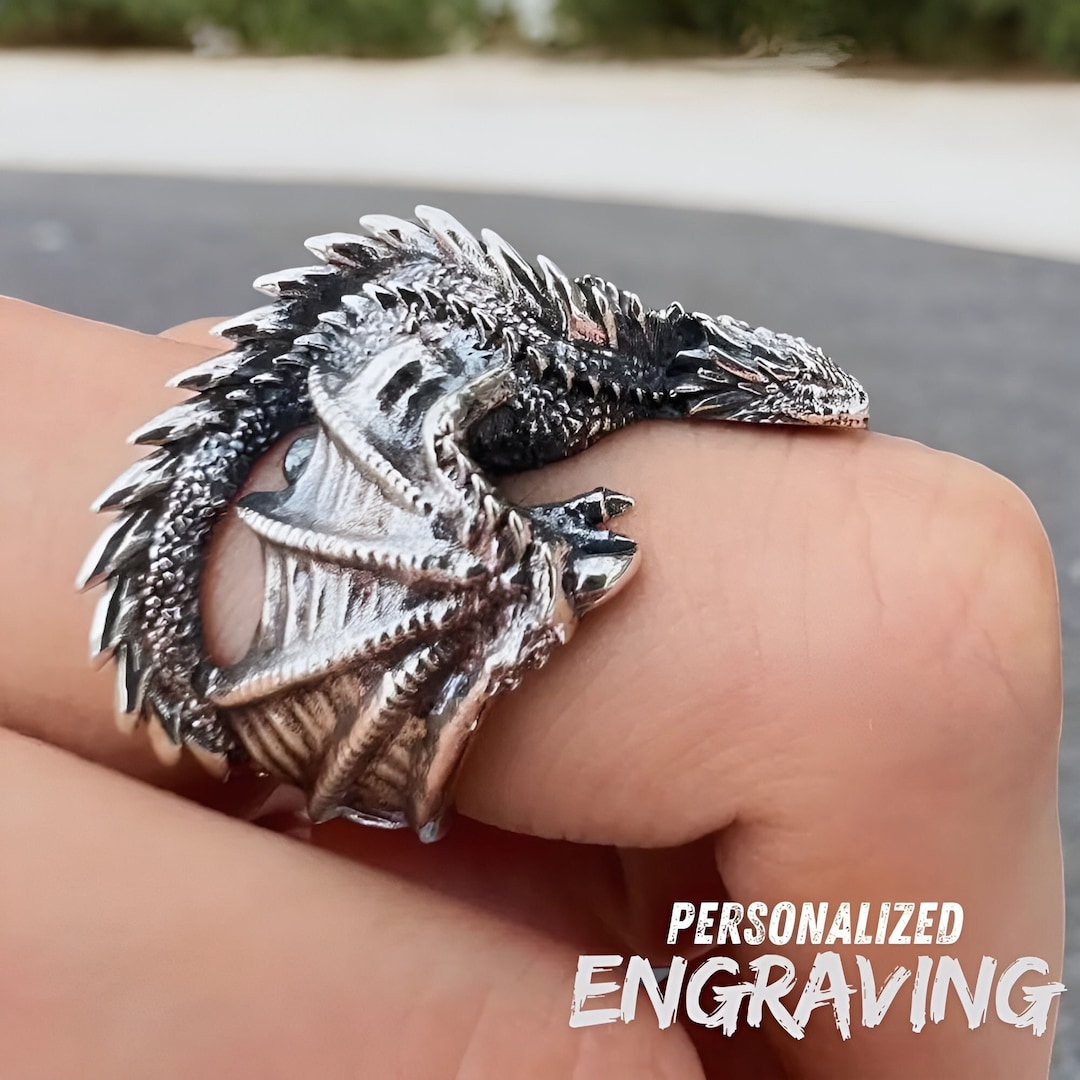 Adjustable Lying Dragon Ring Gothic Jewelry, 925 Sterling Silver Ring ...