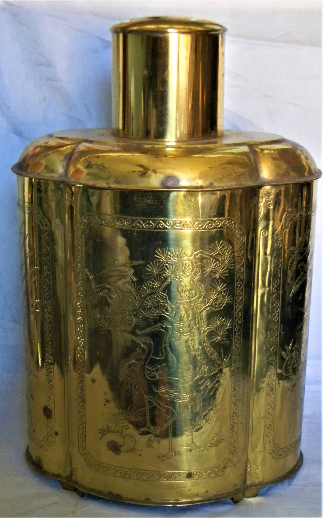 Brass Asian TEA CANISTER / CADDY – Etched, Flora’s Birds, - Chinoiserie ...
