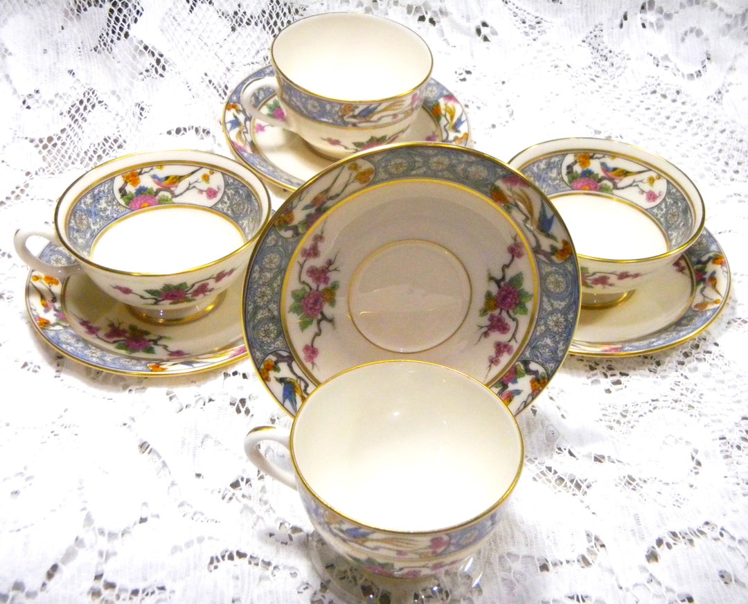 Lenox Ming Birds (P16) - Flat TEA CUP & SAUCER – Set of 4 – Gold ...