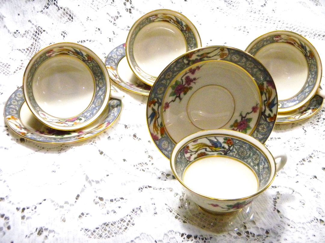 Lenox Ming Birds (P16) - Footed TEA CUP & SAUCER – Set of 4 – Gold ...
