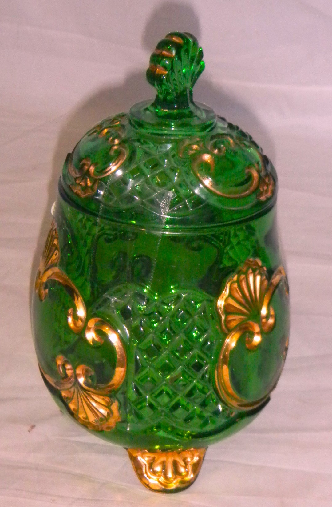 CROESUS by Riverside Glass Works – 3 Footed Covered Sugar Bowl – Green ...