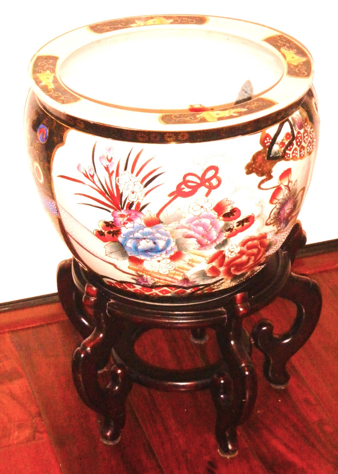 Chinese Fish Bowl / Planter / Jardinière Floor Pot - Gold Koi Floral XL ...