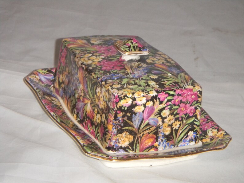 Royal Winton Grimwades Black Crocus triumph LIDDED BUTTER DISH Rare ...