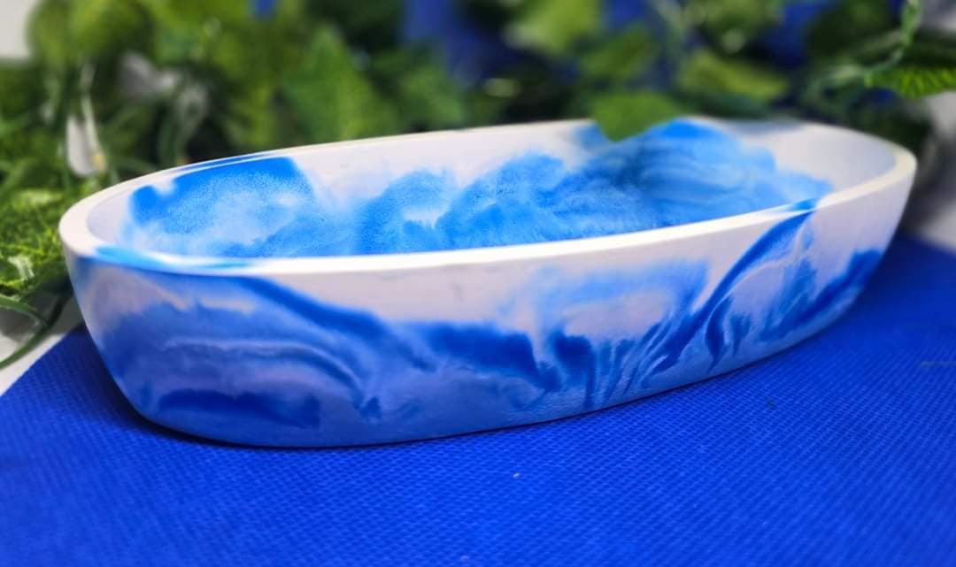 Blue and White Marble Resincrete Canoe Trinket Bowl, Candle Holder And ...