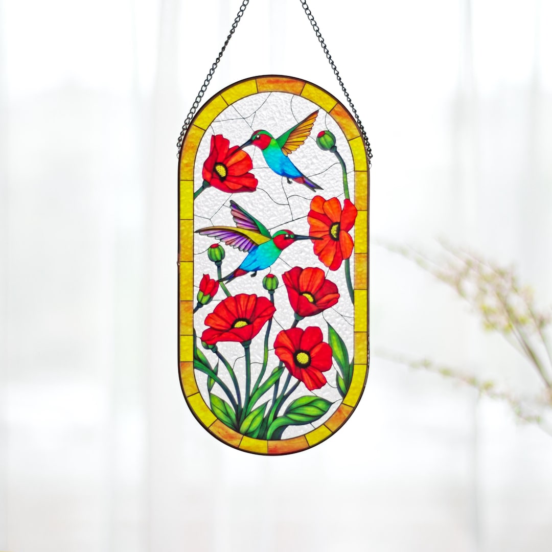 Poppy Flower Hummingbird Stained Glass Window Hanging Panel Bird Sun ...