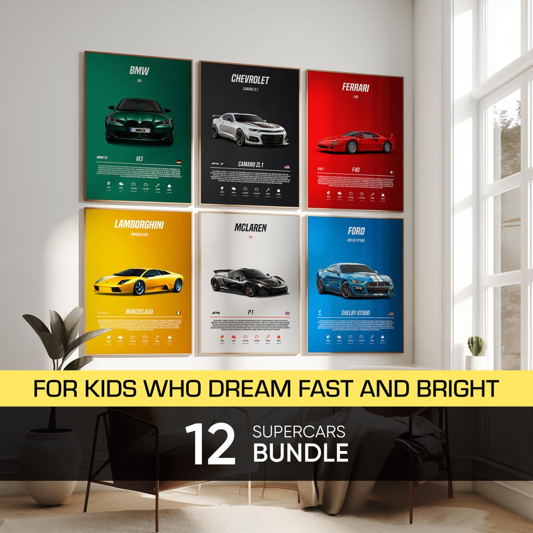Supercar Poster Set of 12: Car Enthusiast Automotive Wall Art (digital ...
