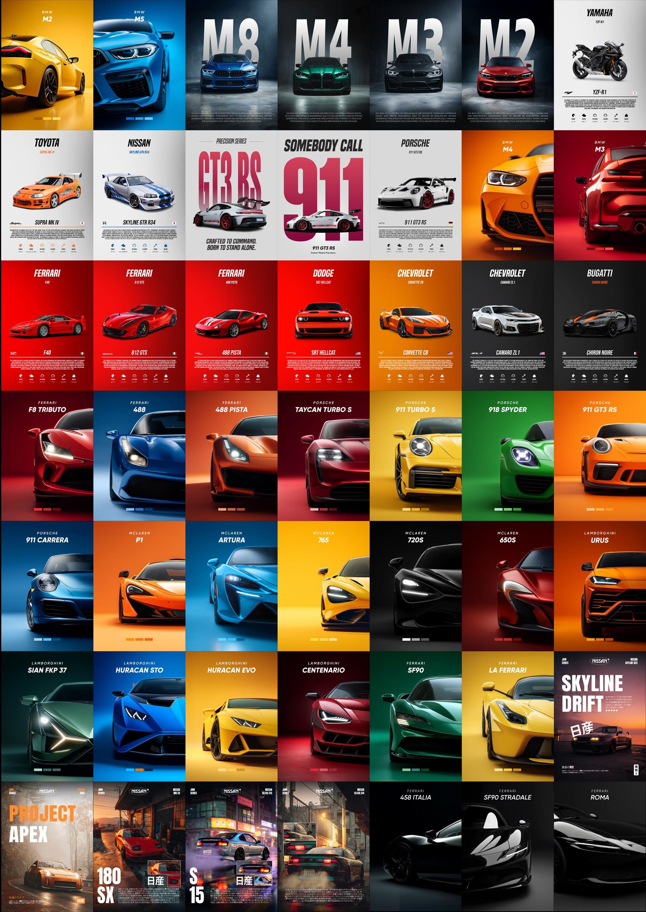 100+ Car Poster Bundle: Supercar, JDM & Classic Wall Art (digital ...
