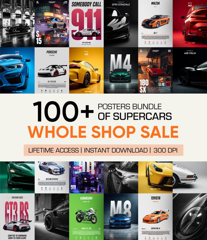 100+ Car Poster Bundle: Supercar, JDM & Classic Wall Art (digital ...