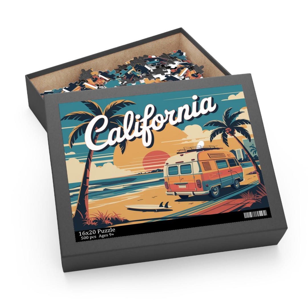 Retro California Puzzle - Vintage Surf Van, California Travel Art, Los ...
