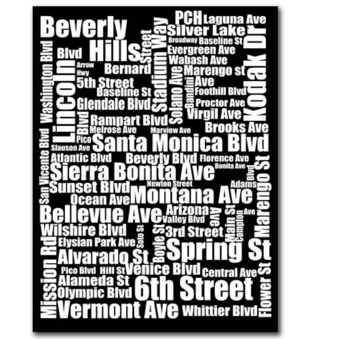 Typography of Los Angeles Street Names in Black and White A4 Size Fine ...