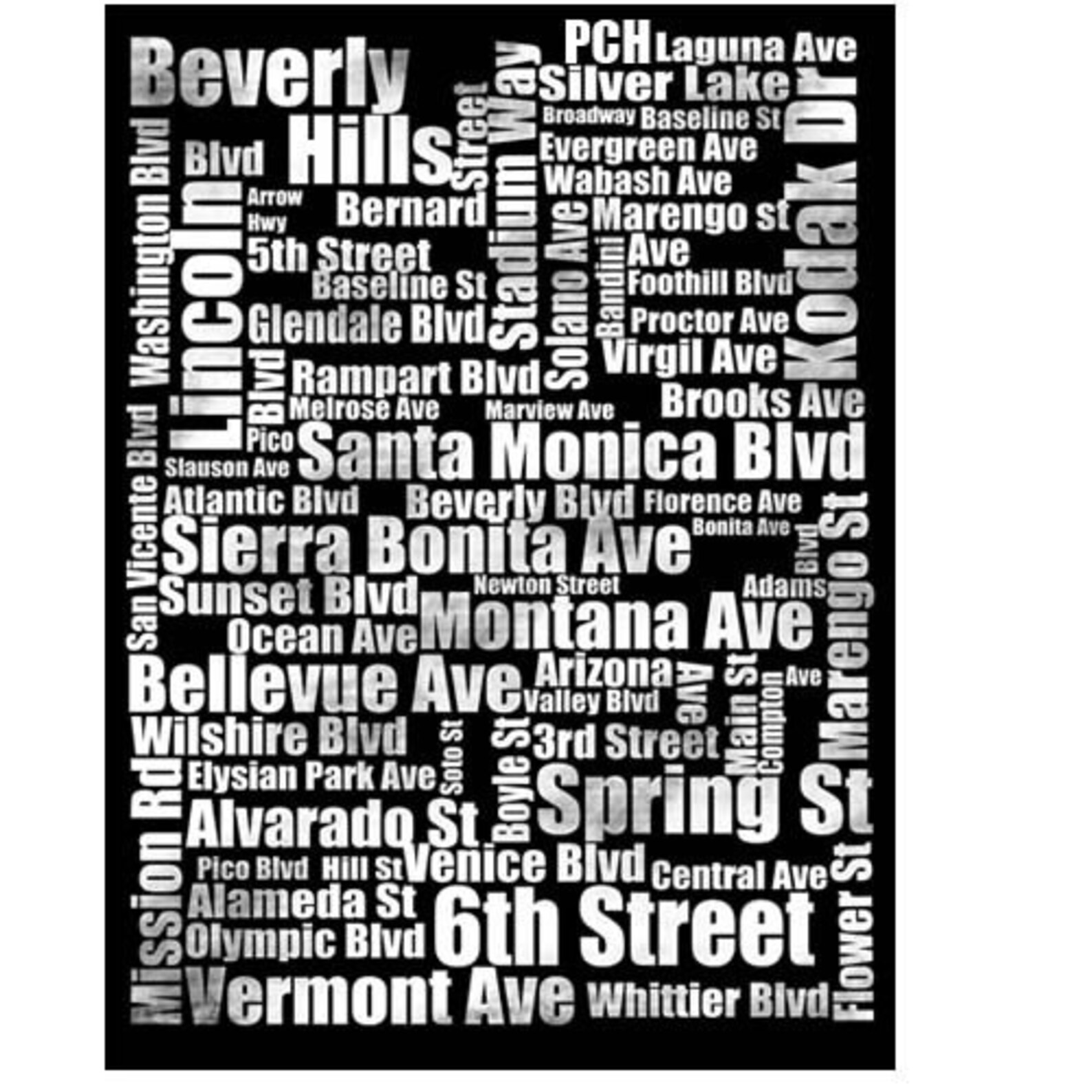 Typography of Los Angeles Street Names in Black and White A4 Size Fine ...
