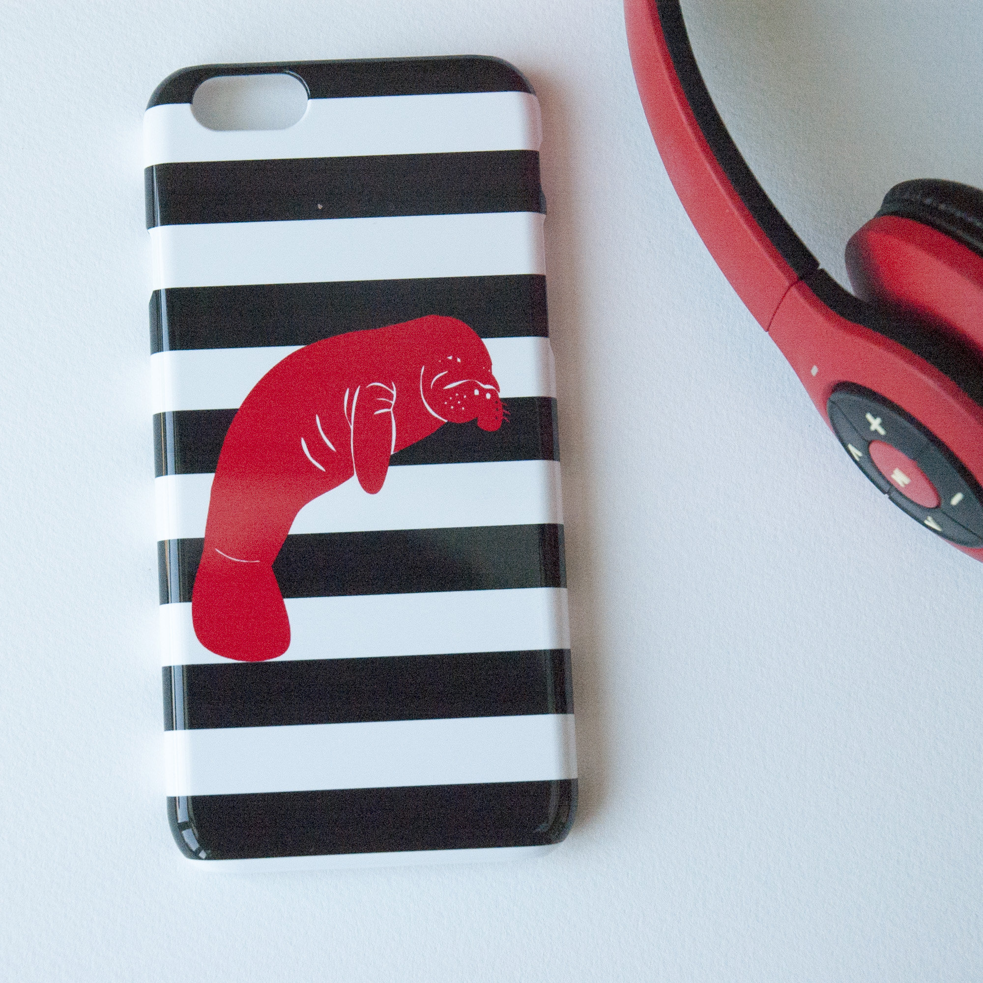 Red Manatee on Black and White Stripes on Phone Case iPhone 11, iPhone ...
