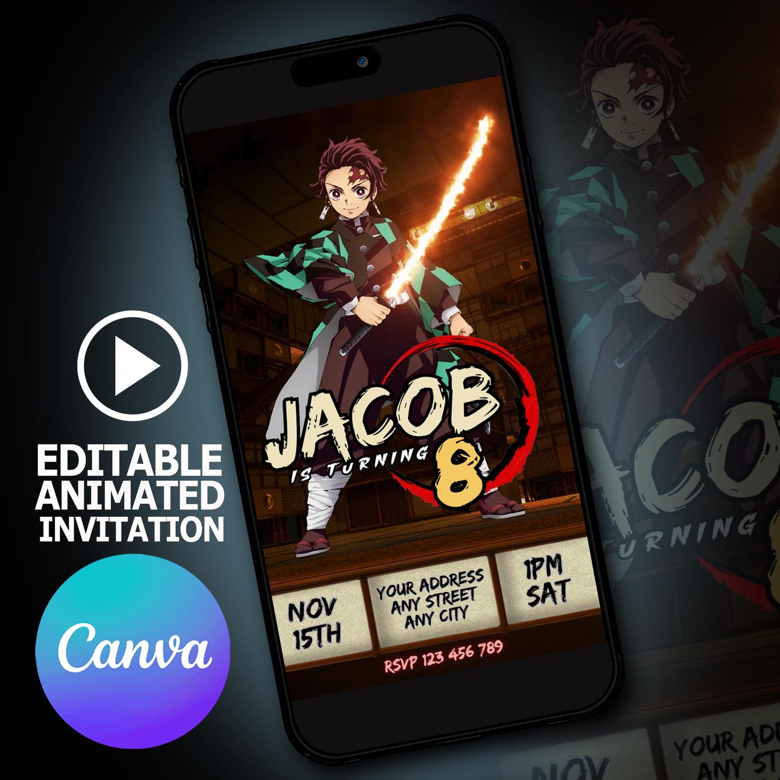 Editable Tanjiro Demon Slayer Birthday Invitation Video- Instant ...