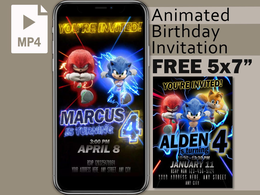 Sonic 3 Knuckles and Tails Birthday Video Invitation Instant Digital ...