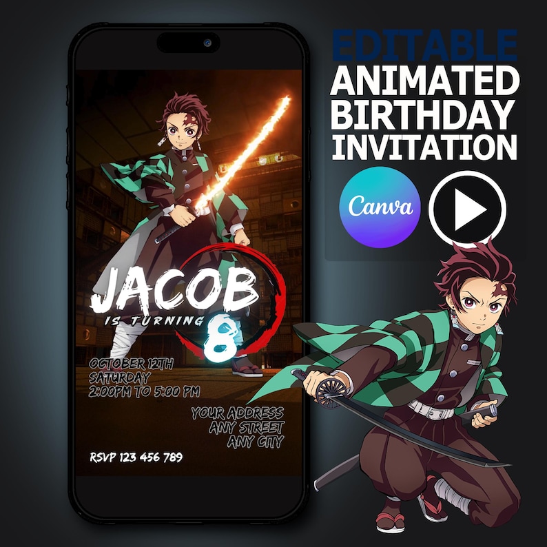 Editable Tanjiro Demon Slayer Birthday Invitation Video- Instant ...