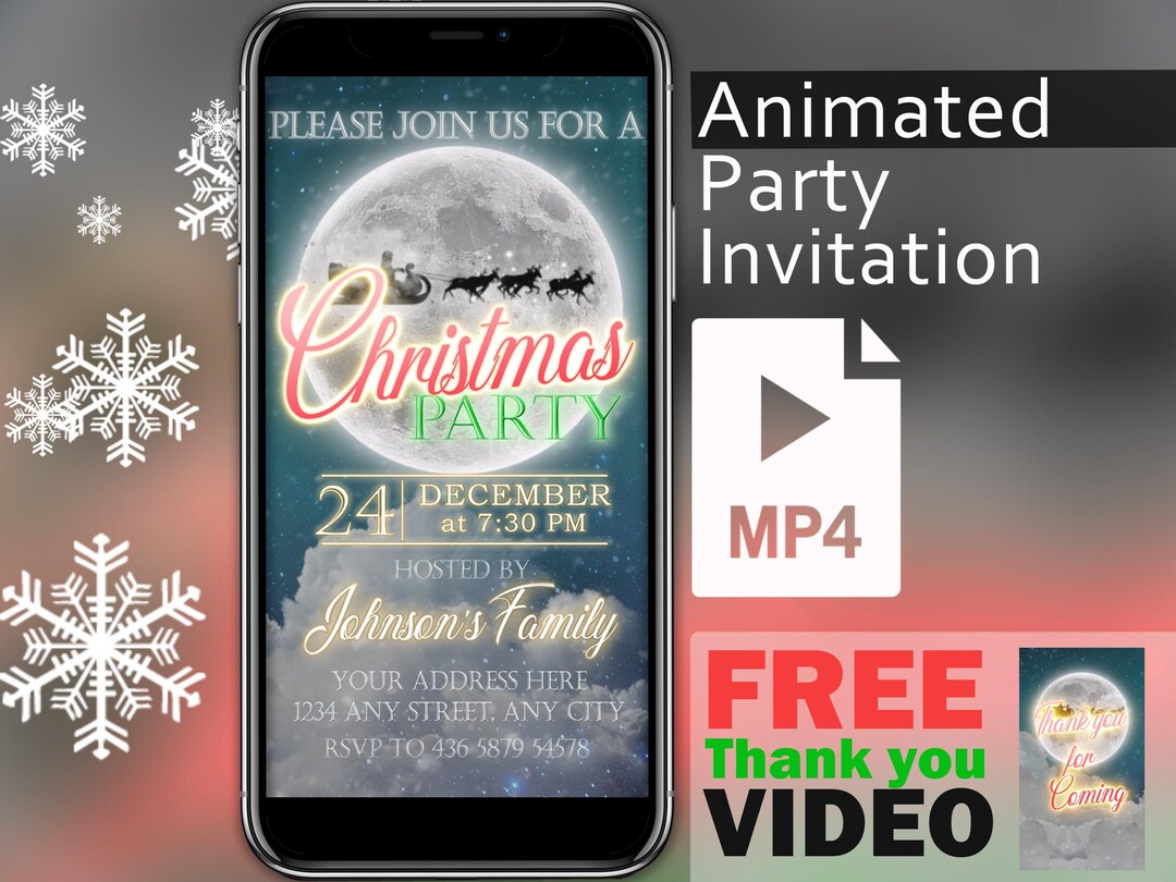 Custom Animated Christmas Party Invitation: Santa Sleigh Video (digital ...